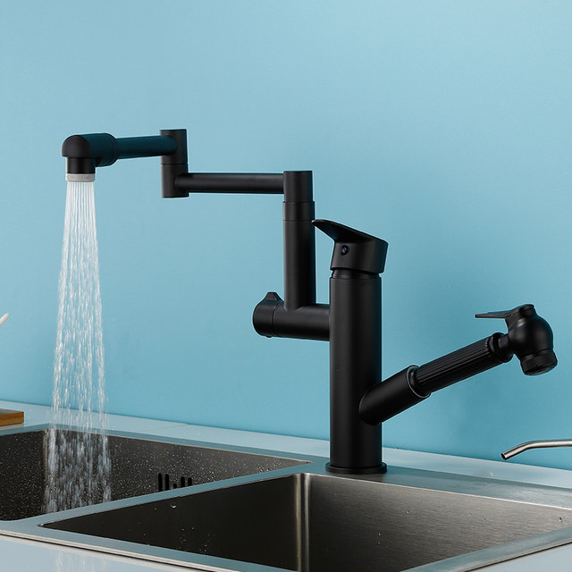 All-copper kitchen faucet black gold pull-out folding hot and cold sink ...