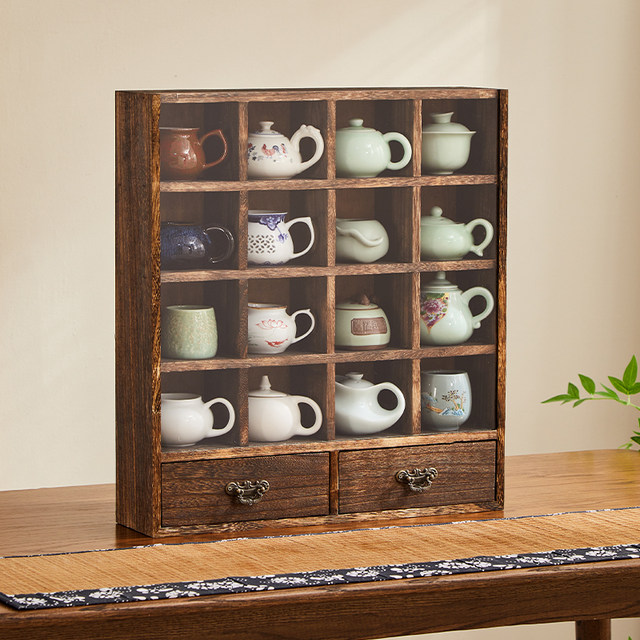 Solid wood dustproof tea cup holder tea set rack storage cabinet teapot ...