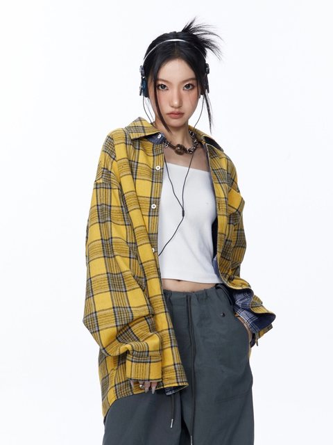 XOL original retro positive and negative two -sided grid long -sleeved ...