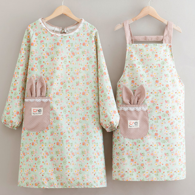 Wipeable hand long-sleeved canvas apron women's home kitchen cooking ...