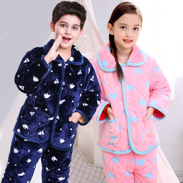 Children's quilted pajamas set girls' three-layer velvet thickened ...