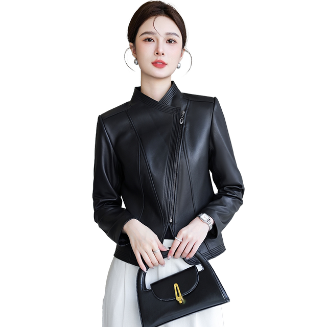 Haining Genuine Leather Jacket Women's Short Diagonal Zipper Sheepskin ...