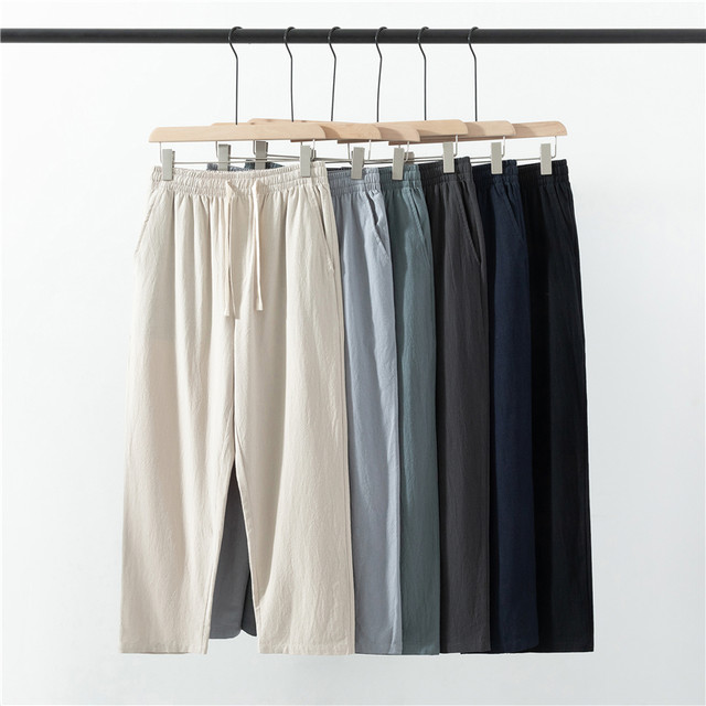 Cotton and linen 9-point pants men's summer thin loose large size ...