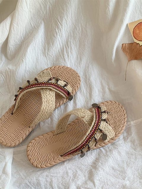ins handmade Thai style woven beach slippers for women summer outer ...