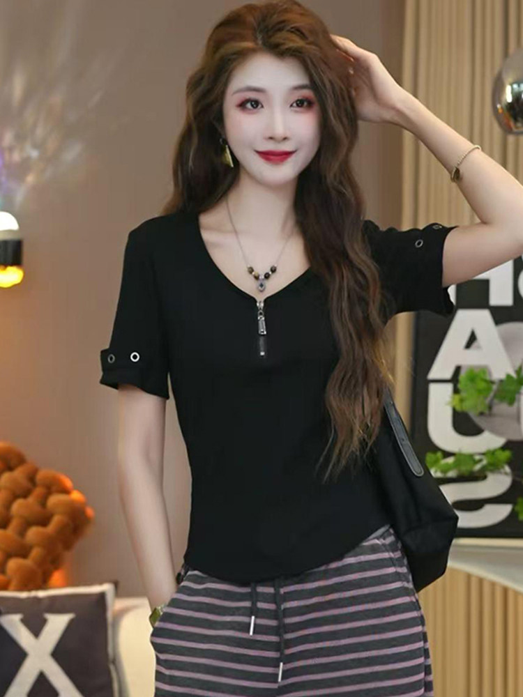 2025 Summer New Style V Neck Fashionable and Versatile Short-Sleeved T ...