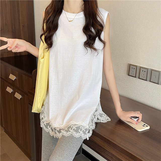 Sweater layered vest with bottom hem and lace splicing 2021 autumn mid ...