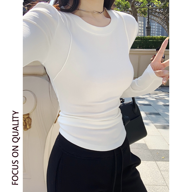 White right shoulder long sleeve t-shirt for women autumn and winter ...