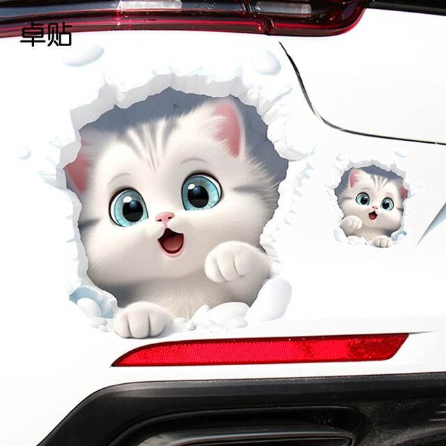 Ripped white cat car body windshield decorative scratch sticker cartoon ...