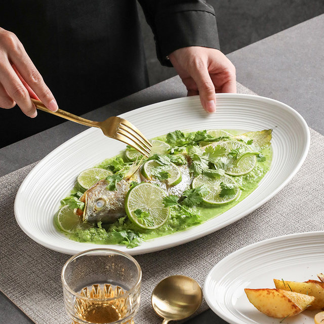 Pure white ceramic oval fish plate household steamed fish plate large ...