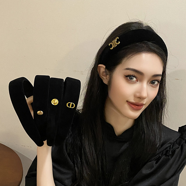 French retro gold label headband for autumn and winter, versatile ins ...