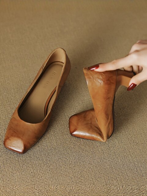 Simple retro square toe thick heel single shoes for women in spring and ...