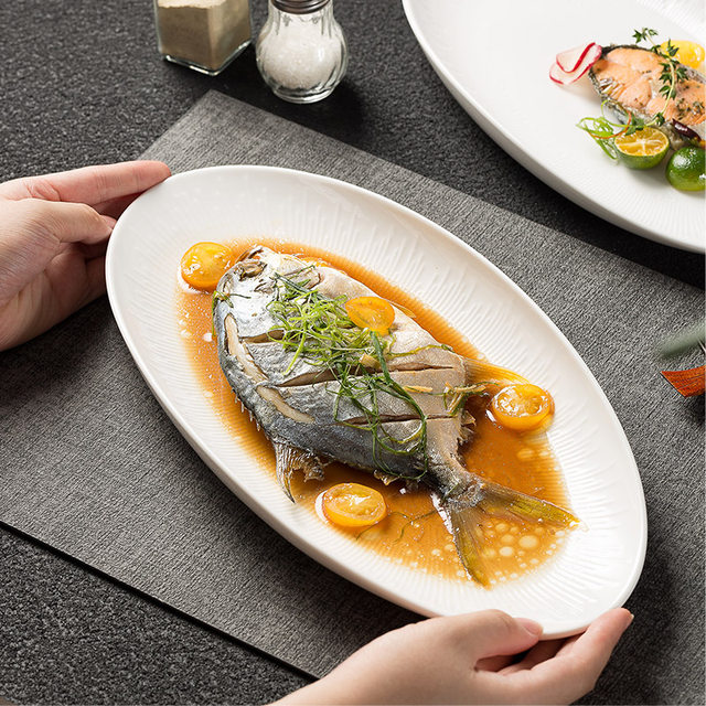 High-end household steamed fish plate ceramic pure white fish plate ...