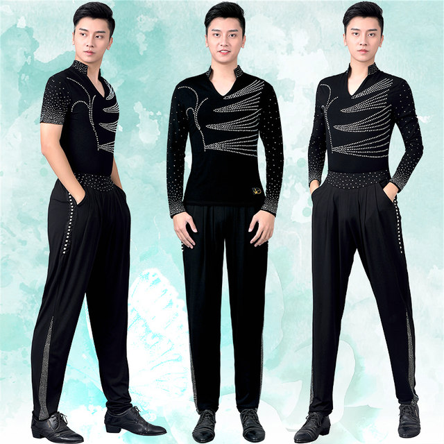 Huanya Latin dance tops for men, black diamond-encrusted body training ...