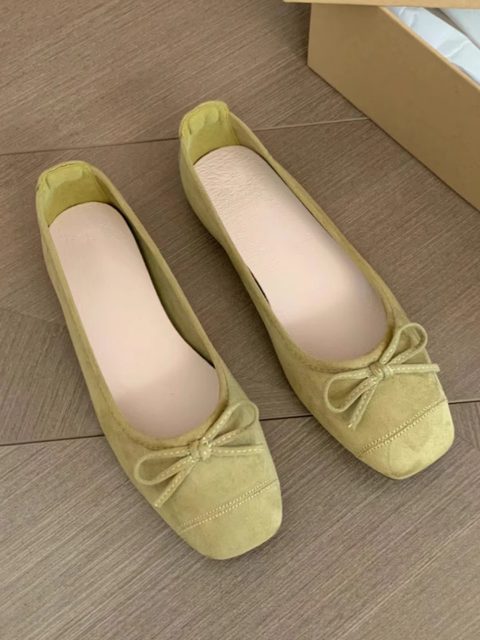 Sheepskin version~Genuine leather white French retro bow shallow ballet ...