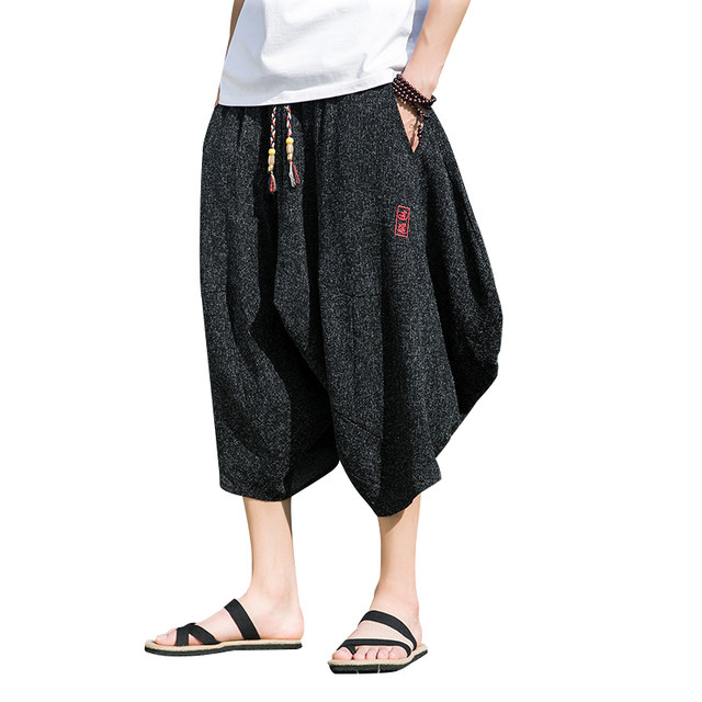 Chinese style men's bloomers summer thin linen breathable cropped pants ...