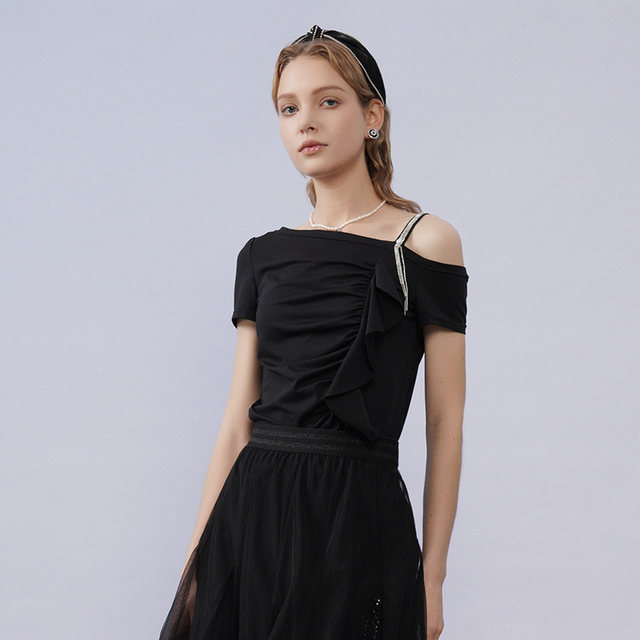 SOMSOM Summer New Style Off-shoulder Strip Slim T-shirt for Women