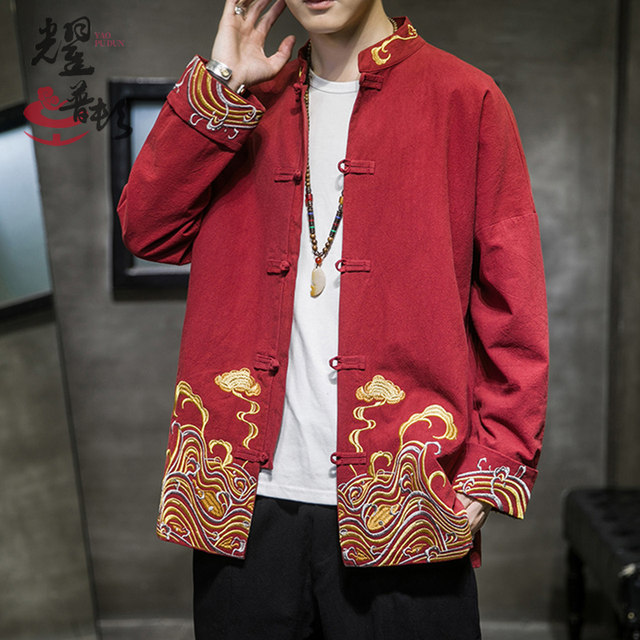 New Year's clothes male Tang dress red national tide wedding plate ...