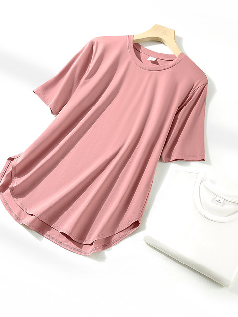 Red small round neck short-sleeved T-shirt for women's modal cotton ...
