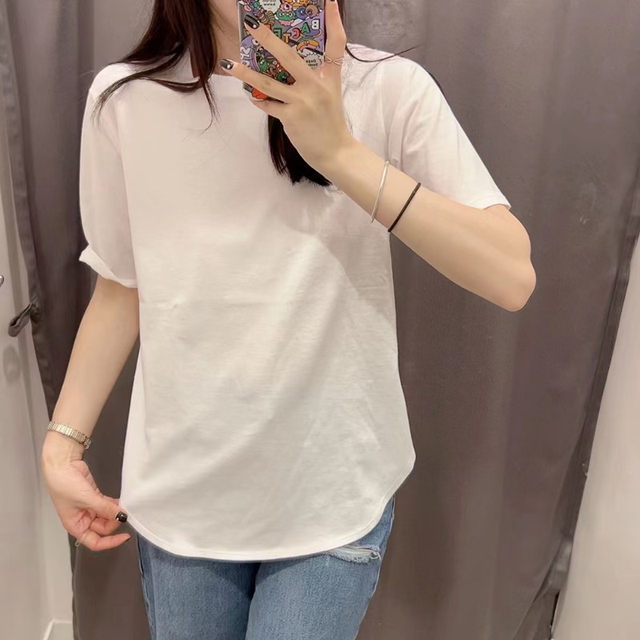 Fitting room women's 2024 summer smooth cotton curved hem long T-shirt ...