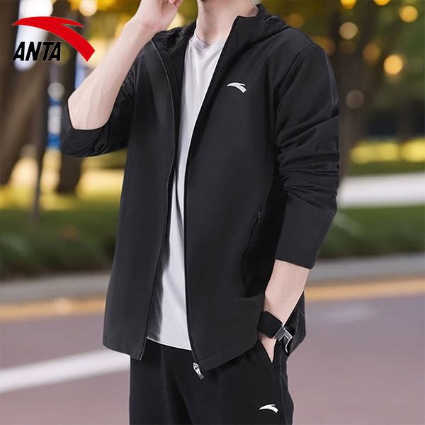 Anta jacket men's hooded top autumn woven waterproof black jacket ...