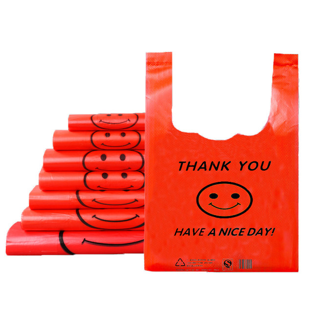 Thickened plastic bag smiling face packing bag red portable vest ...