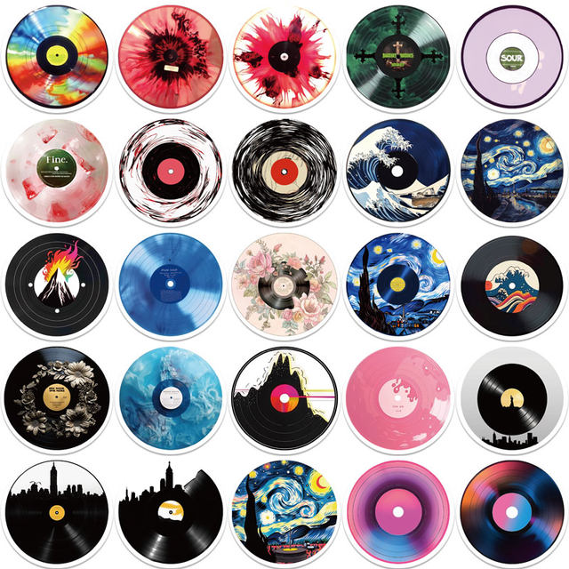 50 pieces of vinyl CD stickers, discs, cool decorative guitars, laptop ...