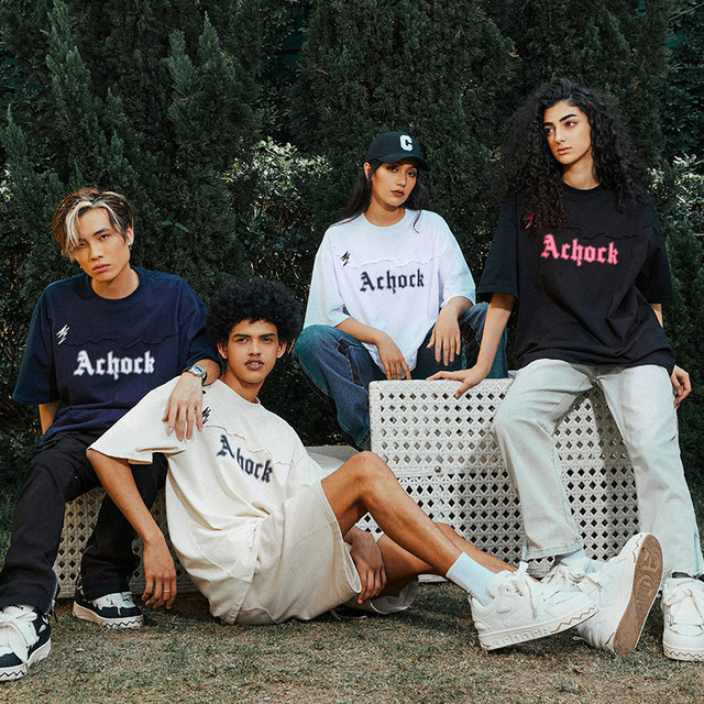 Achock national fashion American retro deconstructed splicing dot printing embroidered T-shirt ...