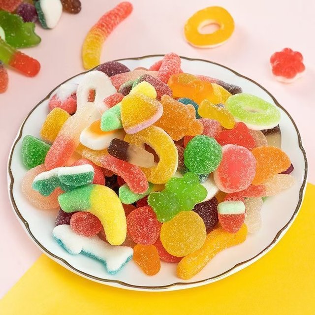 Colorful rubber fudge fruit flavor sand coating oil color snack symbol ...