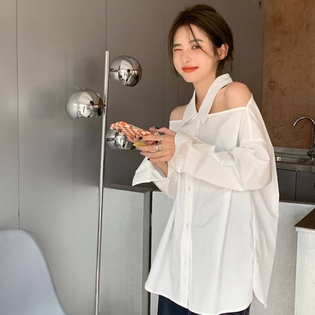 One-shoulder halter neck long-sleeved shirt women's spring and autumn ...