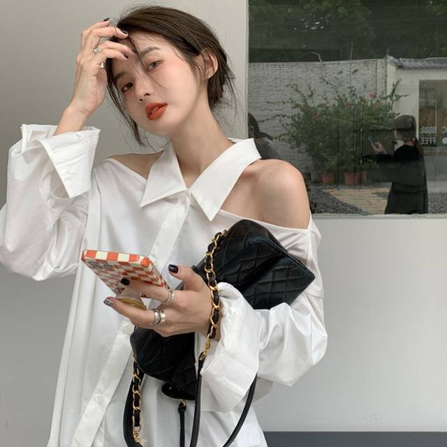 One-shoulder halter neck long-sleeved shirt women's spring and autumn ...