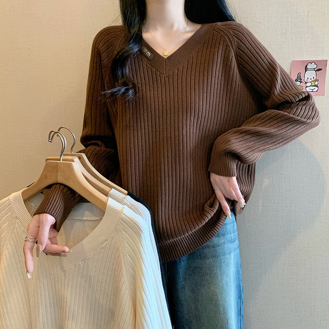 V -neck top female high -end sweater, autumn large size, loose, thin ...