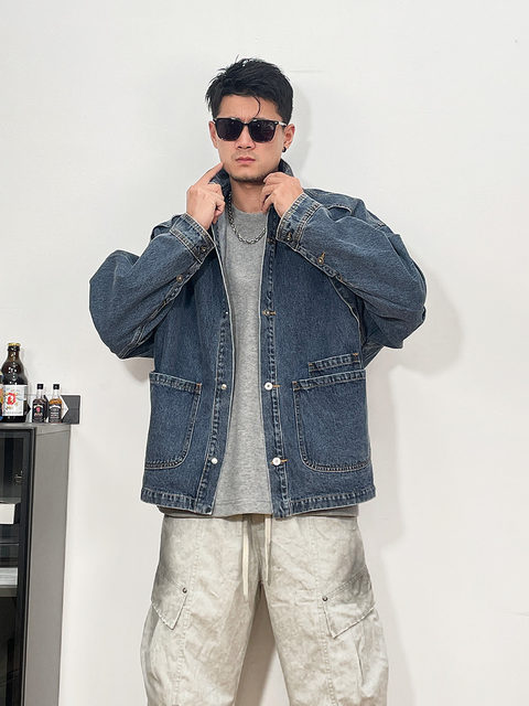 Blue washing work clothes denim jacket men's spring new American retro ...