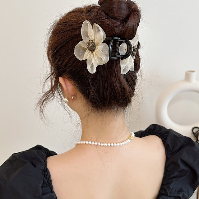 Korean fashion mesh sunflower clip, feminine flower clip, high ponytail ...