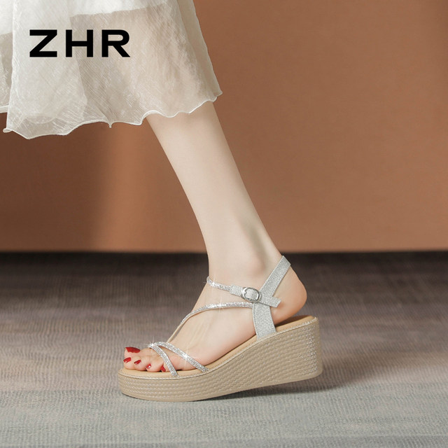 ZHR Roman sandals women's 2024 new summer one-word with rhinestone ...
