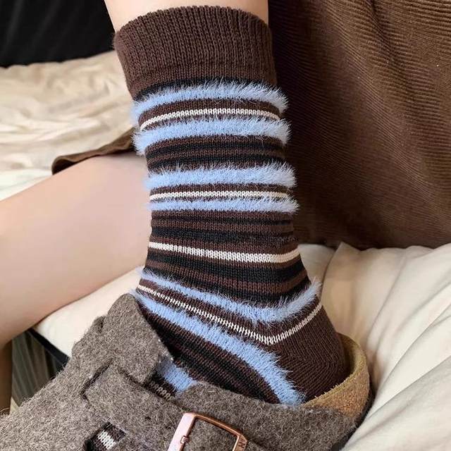 Autumn Maillard style ~ retro plush striped color-blocked socks ...