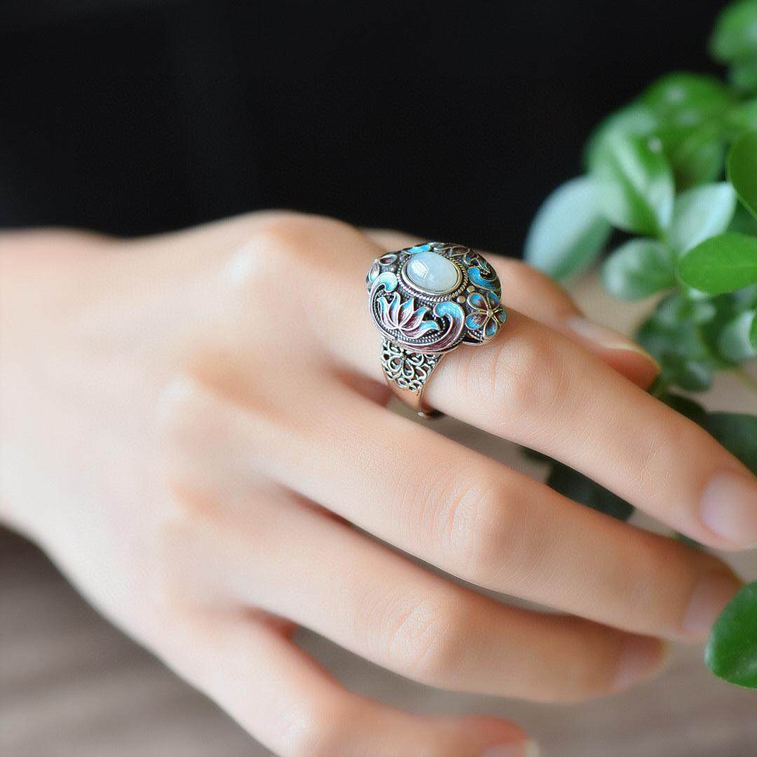 925 silver old Beijing Jingtai filigree burnt blue peony flower ethnic ...