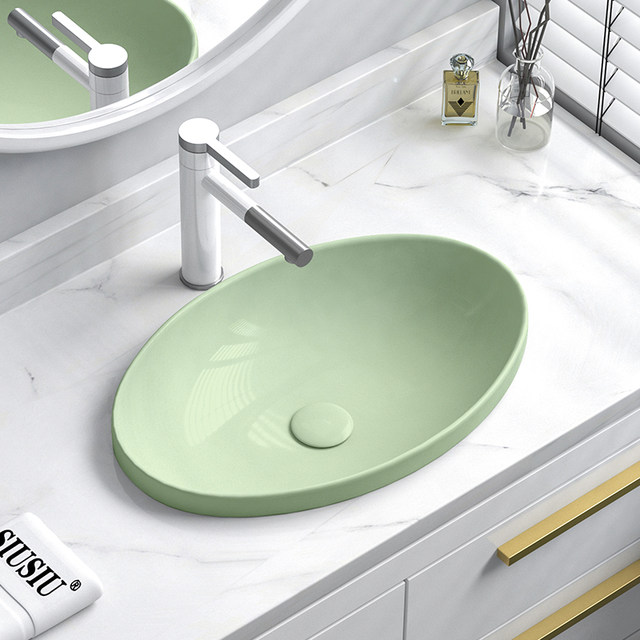 Light green Taichung basin semi-embedded ceramic basin round oval ...