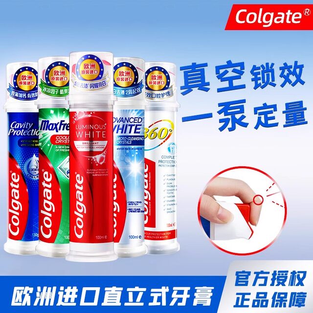 Colgate upright toothpaste press contains fluoride to freshen breath ...