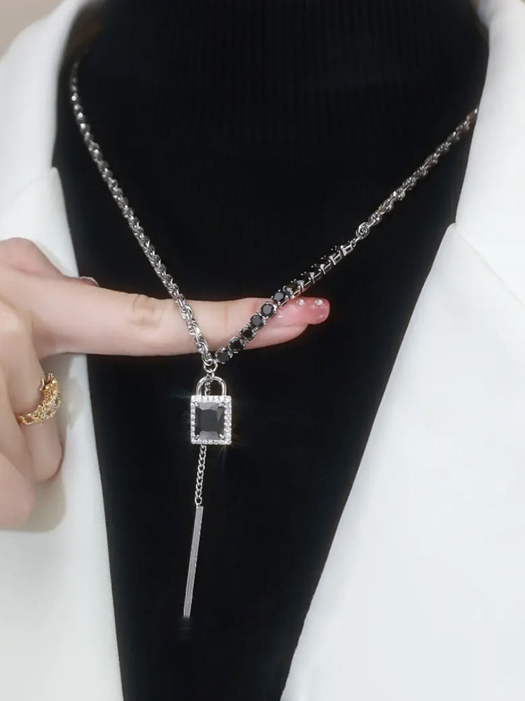 Black crystal lock pendant necklace 2022 new trendy temperament light ...