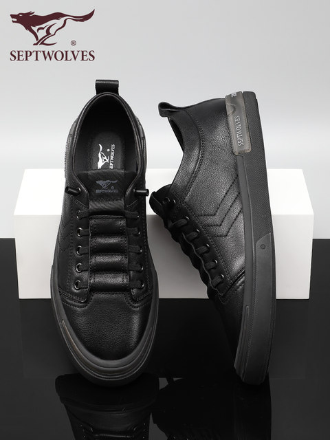 Septwolves Men's Shoes Black Casual Sneakers Autumn New Genuine Leather ...