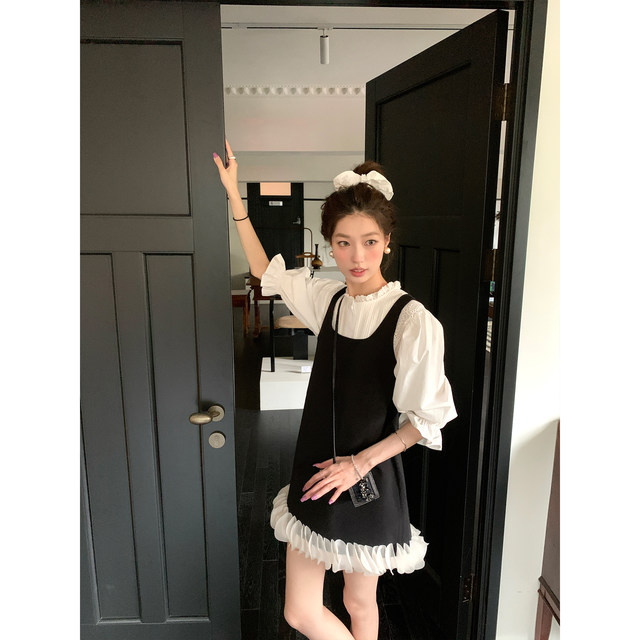 SourceWithU Dai Li's cat 2-color design petal vest dress splicing flesh ...