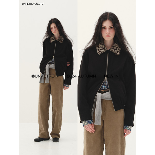 Unretro Core Velvet Leopard Wool Wool Collar Jacket Female Spring and Autumn American retro ...