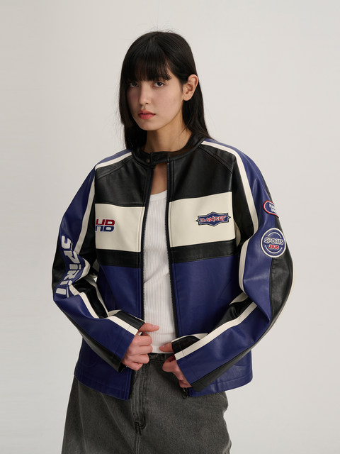 HeartBoon's contrasting motorcycle clothing female splicing leather ...