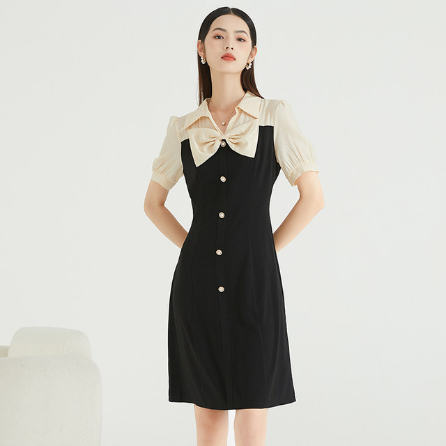 Martinu's new autumn style contrasting color splicing short-sleeved dress, waisted A-line skirt ...
