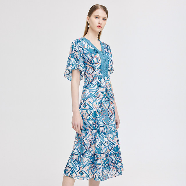 Martinu 2024 summer new style blue V-neck printed chiffon dress short ...