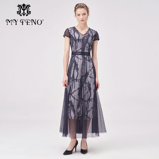 Ma Tiannu's new summer blue lace mesh dress sequin V-neck high waist ...