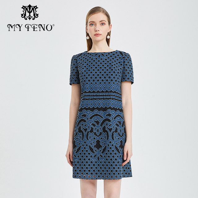 Authentic Ma Tiannu spring and summer new blue spliced denim jacquard dress slim short skirt ...