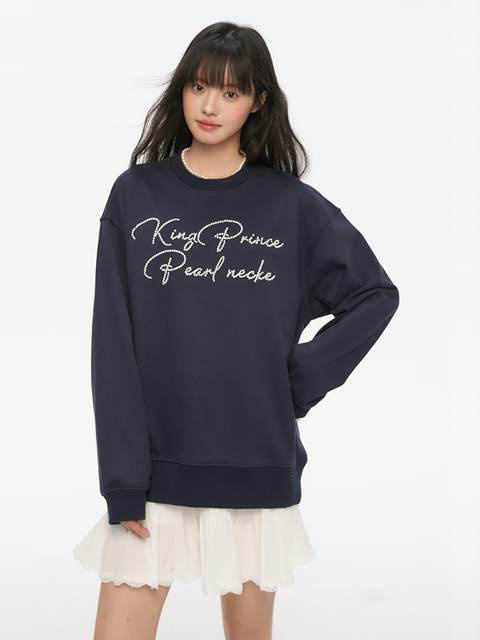 Pink ers co-branded American retro pearl ironing logo round neck ...