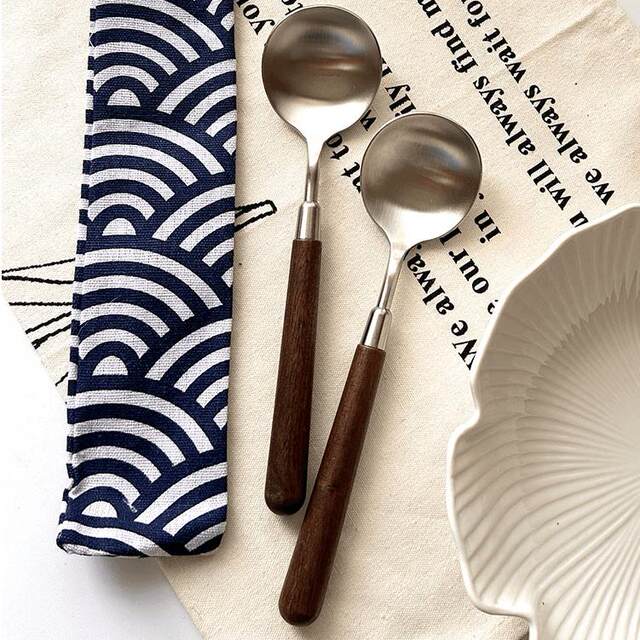 Imitation wood grain walnut color tableware stainless steel soup spoon ...