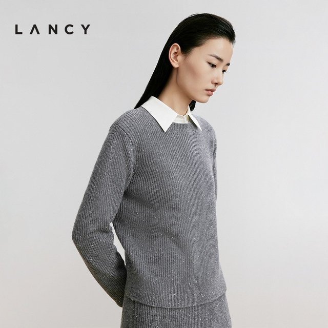 LANCY/Langzi 2024 winter new style wool cashmere round neck gray ...